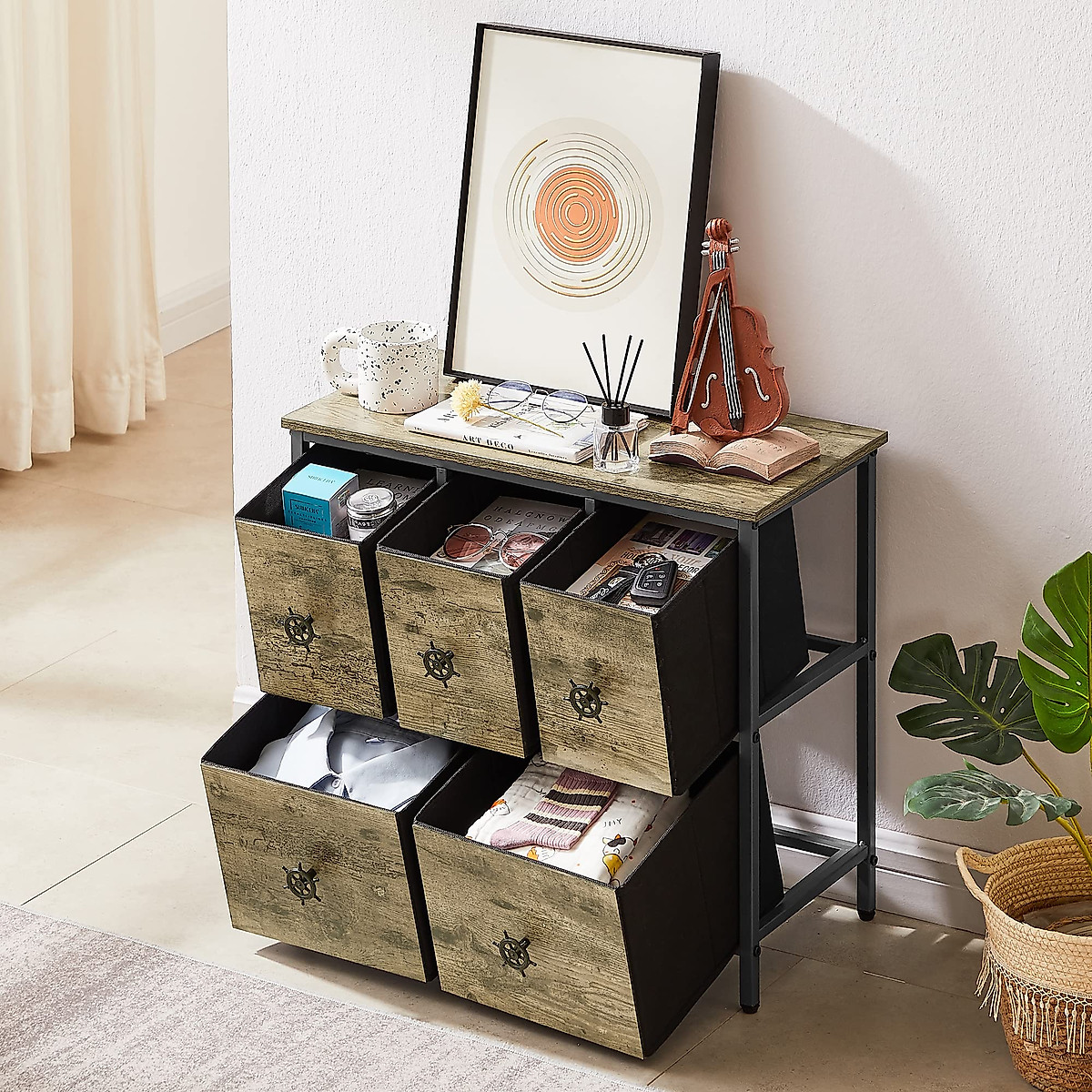 VECELO Dresser for Bedroom with 5 Drawers, Small Chest of Drawers for Living Room, Nursery, Entryway, Fabric Furniture Clothes Storage Tower with Steel, Wood Top, Grey