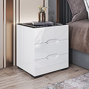 kepptory White Nightstand with Wireless Charging Station & Adjustable LED Lights, High Gloss End Table with 3 Drawers & USB Charging, Bedside Table Organizer for Bedroom Use