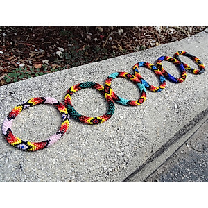 Native American Inspired Tribal Fire Diamond Pattern Guatemalan Czech Glass Seed Beaded One Size Fits All Bangle Bracelet - Womens Fashion Handmade Jewelry Boho Accessories (Light Blue)