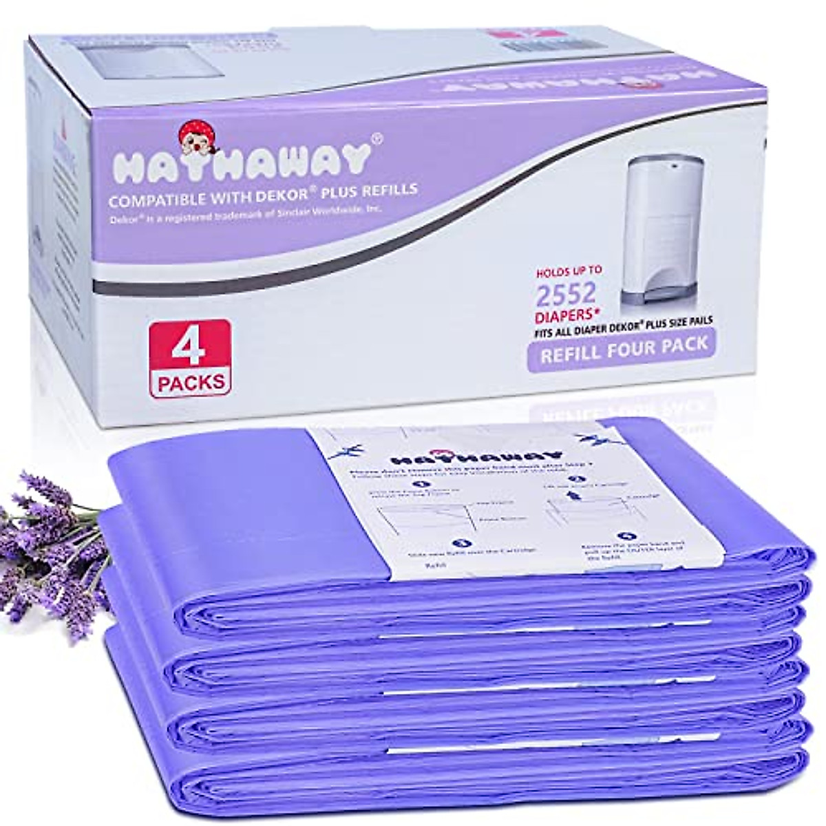 Diaper Pail Refills Increased12% length Compatible with Dekor Plus Diaper Pails Lavender Scent Holds up to 2552 Diapers (4 Pack)
