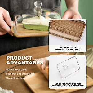 EATAKWARD Acacia Wood Butter Dish with Clear Glass Cover Lid, 7'' x 4.7'' x 4'' Wood Butter Tray for Dinner Plate Dessert Cake Refrigerator& Counter for Butter, Block of Cream Cheese& Serving Dish