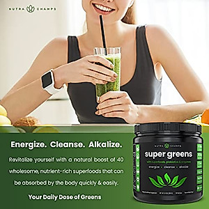 Super Greens Powder Premium Superfood | 20+ Organic Green Veggie Whole Foods | Wheat Grass, Spirulina, Chlorella & More | Antioxidant, Digestive Enzyme & Probiotic Blends | Vegan Juice Supplement