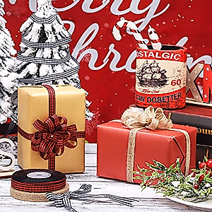 Christmas Ribbons Black Red Buffalo Plaid Fabric Ribbon Black and White Checked Gingham Ribbon 25 Yards Natural Burlap Ribbons Rustic Wrapping Ribbon for DIY Craft Party Decor (0.4 Inch)