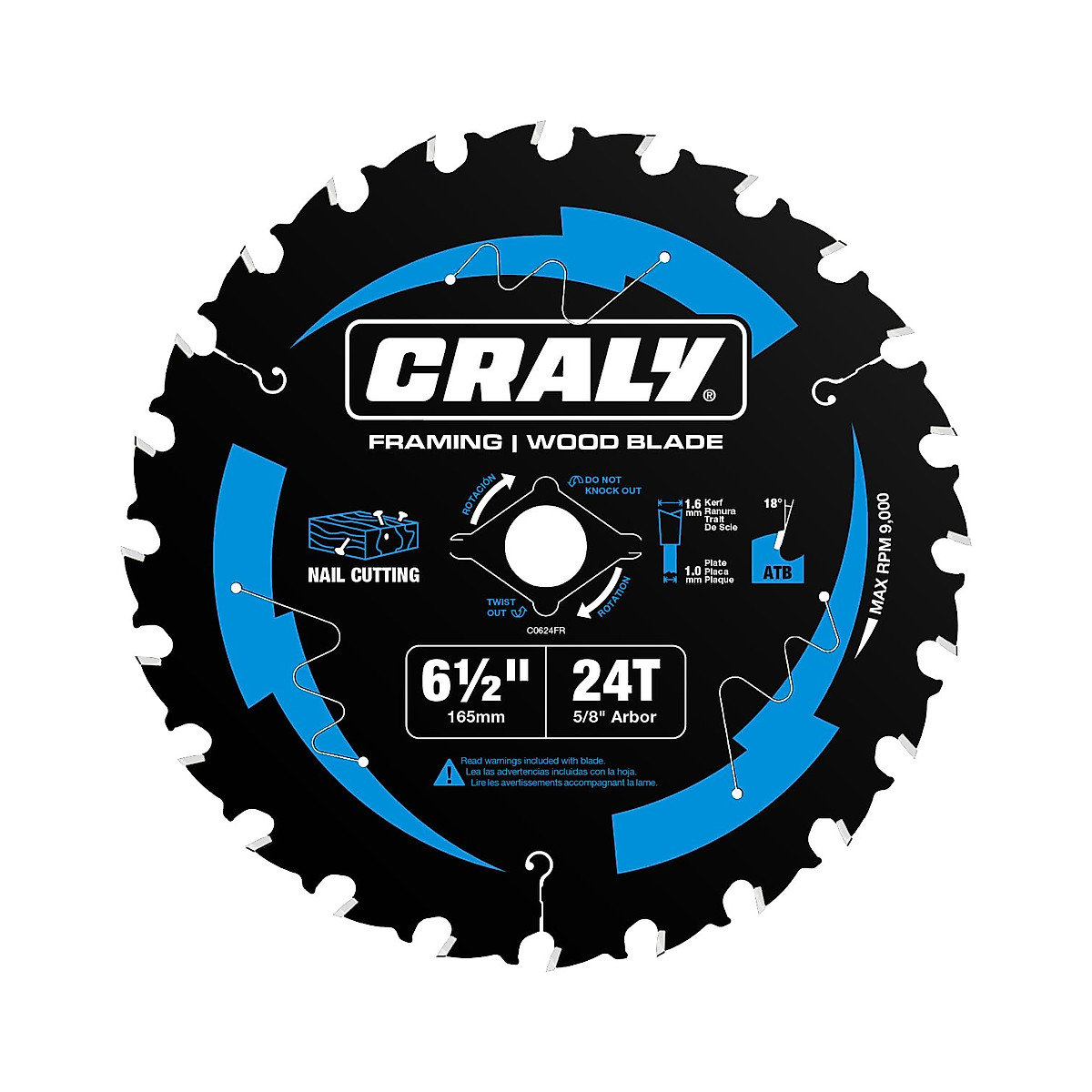 CRALY 6-1/2 Inch 24 Teeth Wood Cutting Framing Circular Saw Blade, 5/8 Inch Arbor, Carbide Tipped, Thin Kerf, Black Ice Coating, for Plywood, MDF, OSB, Laminated(C0624FR)