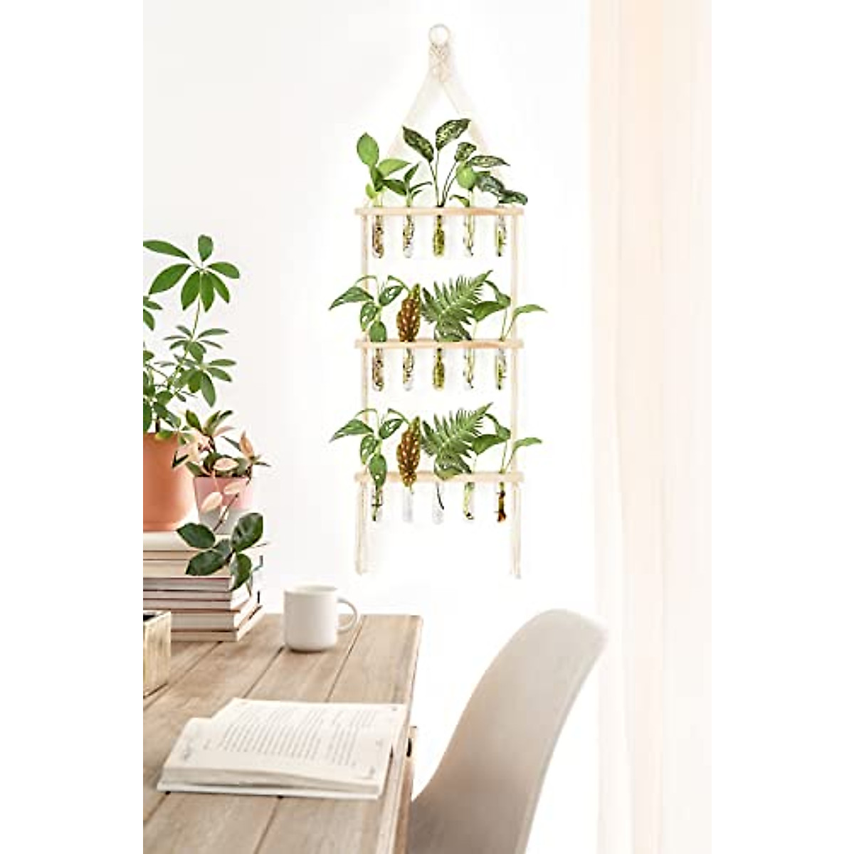 Mkono Macrame Plant Propagation Tubes, 3 Tier Boho Wall Hanging Plant Terrarium Vase Indoor Glass Planter for Propagating Hydroponic Houseplants Home Office Wall Plant Decor Gifts for Women
