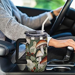 40 Oz Mushroom Plant Insulated Stainless Steel Tumbler with Handle & Straw Lid, Reusable Travel Cupholder Friendly Mug for Coffee, Water, Tea