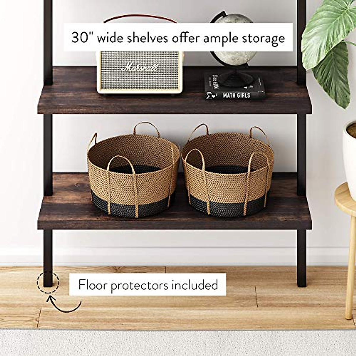 Nathan James Theo 6-Shelf Tall Bookcase, Wall Mount Bookshelf with Natural Wood Finish and Industrial Metal Frame, Nutmeg/Matte Black