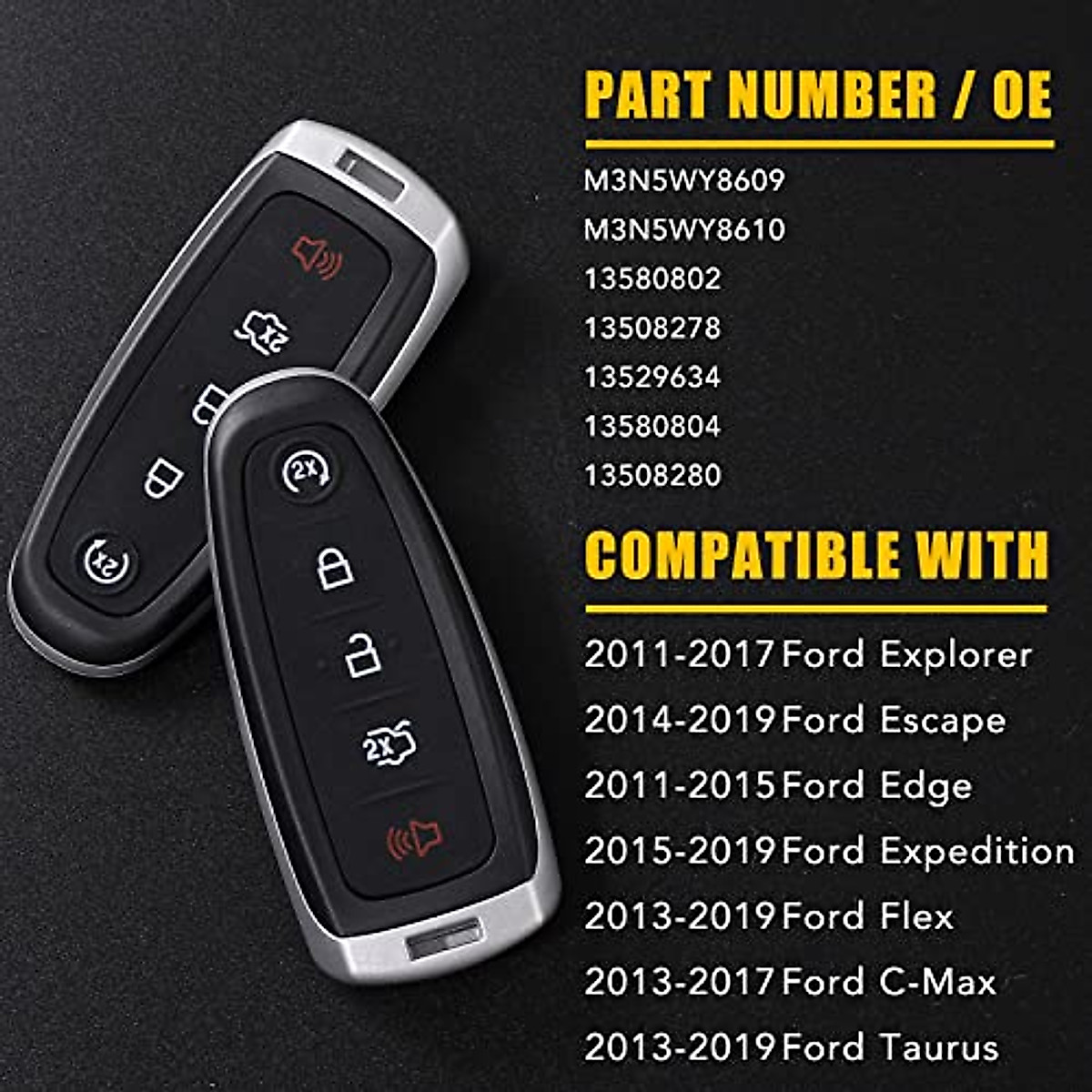 Smart Key Fob Replacement Fit for 2011-2019 Ford Explorer Escape Edge Expedition Flex C-Max Taurus 2011 2012 2013 2014 2015 2016 2017 2018 2019, 5 Button, #M3N5WY8609 M3N5WY8610 13580802, Set 2