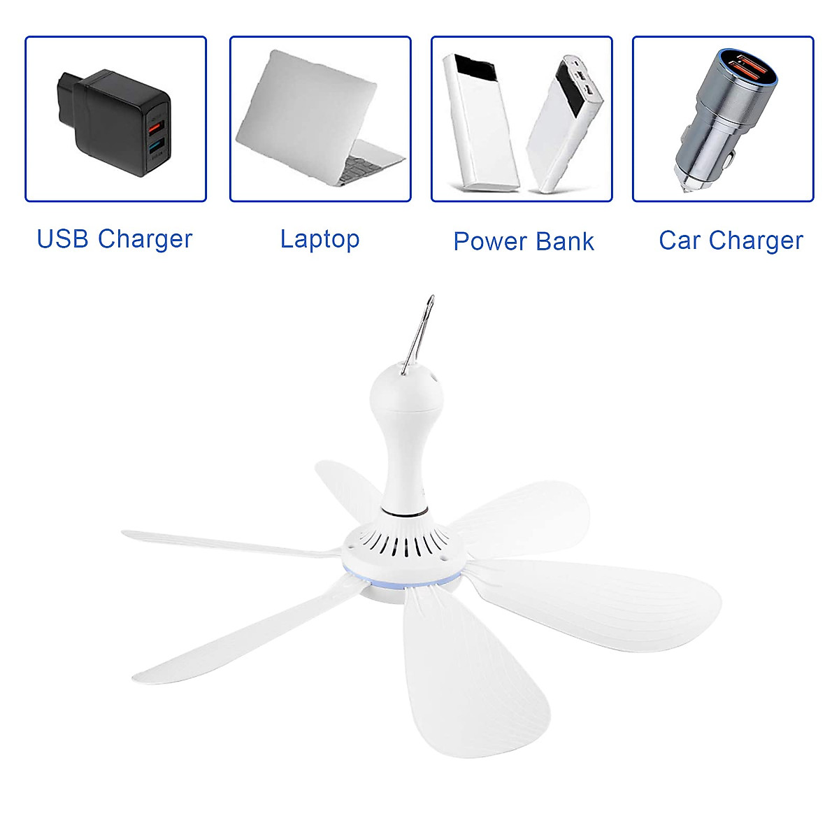 SCOOYEEES USB Powered Ceiling Fan Portable Canopy Fan with ON/OFF switch, 6 Blades Quiet Small DC USB Ceiling Fan Hanging Fan for Camping Cruise RV Tent Gazebo Bed Dormitory Home Room