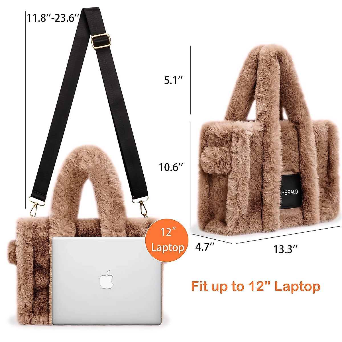 Herald Large Tote Bags For Women Soft Winter Fluffy Fuzzy Furry Plush Top Handle Purse and Handbag With Shoulder Strap (Khaki)