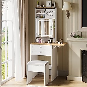 ARTETHYS Farmhouse Small Vanity Desk Set with Mirror Cabinet Compact Makeup Vanity Table with 3 Adjustable Lighted Mirror and Storage Chair for Small Space, White Dressing Table with Fold-up Panel