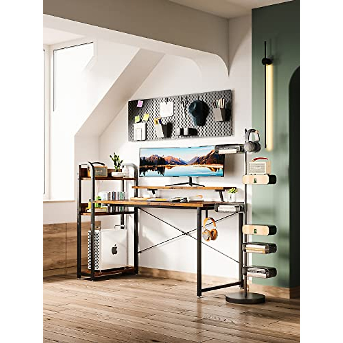 ODK Computer Desk with Storage Shelves and Monitor Stand, 47 Inch Writing Desk with Bookshelf, Reversible Study Table for Home Office, Small Space Bedroom, Rustic Brown