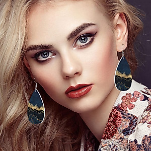 Blue Marble Earrings Faux Leather Teardrop Dangle Earrings Lightweight Leaf Earring for Women Teen Girls