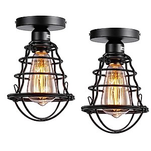 Asnxcju Vintage Semi Flush Mount Ceiling Light, Industrial Black Metal Cage Farmhouse Ceiling Light Fixture for Hallway Porch Stairway Bedroom Kitchen 2 Pack, E26 Base, UL Listed