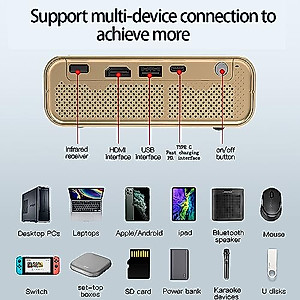 AMOOWA Mini Projector with WIFI and Bluetooth for iphone , 200ANSI DLP Mini Pocket Pico Projector - Built in Rechargeable Battery & Speaker, 1080P Support Portable Wireless LED DLP Movie & Video Gold