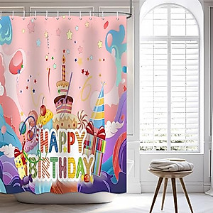 DLTAY Happy Birthday Shower Curtain, Birthday Cake Pattern Celebration Fete Day Birthday Party Decorations Gift Cute Pink Bathroom Decor Set with 12 Hooks, 72x72 inches