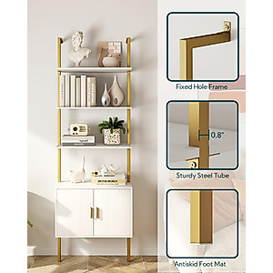 Yusong 73" Tall Bookshelf with Cabinet, Industrial Ladder Wall Mount Shelf Bookcase with Wood and Metal Frame, Plant Shelf Wall Storage Display for Living Room Bedroom, White Gold