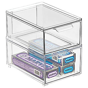 mDesign Plastic Stackable Bathroom Storage with Pull Out Bin Organizer Drawer for Cabinet, Vanity, Shelf, Cupboard, Cabinet, or Closet Organization - Lumiere Collection - 2 Pack - Clear