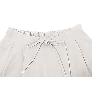 ebossy Women's Summer Drawstring Elastic Waist Cotton Linen Utility Beach Palazzo Pants Pockets (S, White)