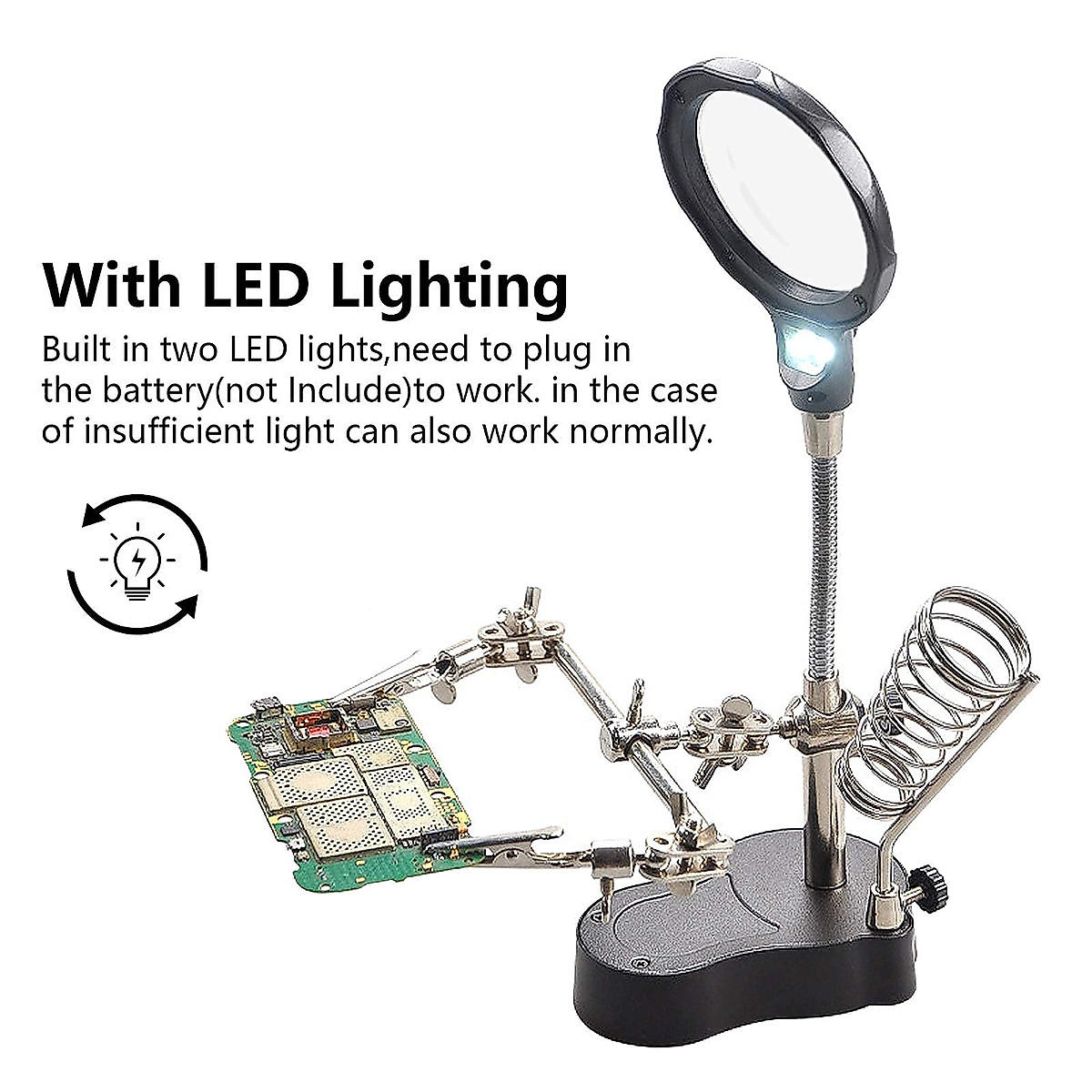 mlogiroa Helping Hands Soldering Station, 3.5X 12X Magnifying Glass LED Lighted Magnifier with Auxiliary Clips Alligator Clamp Repair Tools Kit for Soldering, Assembly, Miniatures