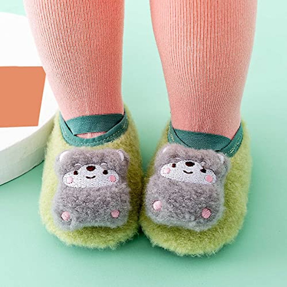 Lykmera Autumn Winter Boys Girls Children Socks Shoes Non Slip Indoor Floor Sports Shoes Warm Comfortable Short Plush Shoes (Green, 12-18 Months)