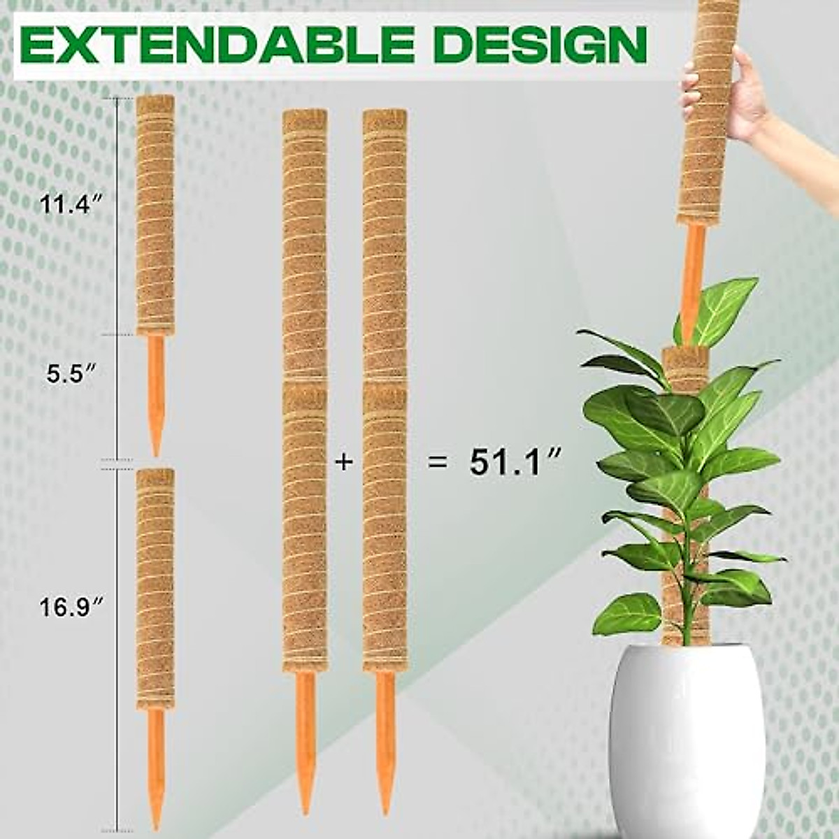 Moss Pole for Plants Monstera - 51.1” Stackable Plant Poles for Potted Plants Indoor and Outdoor (4 Pcs) – 16.9” Long Natural Coir Moss Sticks with Garden Twist Ties and Jute Rope