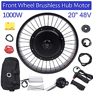 RIAHNEAH E-Bicycle Conversion Kit, 48V 1000W 20" Front Wheel Electric Bicycle Conversion Kit, Electric Bicycle Brushless Gearless Hub Motor Kit 48km/h High Speed Motor Wheel Kit