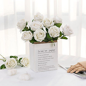 Fake Roses Artificial Silk Flowers - 12 Pcs White Roses Artificial Faux Flowers with Stems for Home Wedding Centerpiece Hotel Office Decor