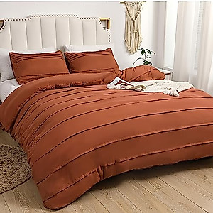 Argstar 3 Pieces Pleated Duvet Cover King, Burnt Orange Boho Textured Duvet Cover, 100% Washed Microfiber Soft Striped Comforter Cover with Zipper & Ties (1 Rust Duvet Cover, 2 Pillowcases)