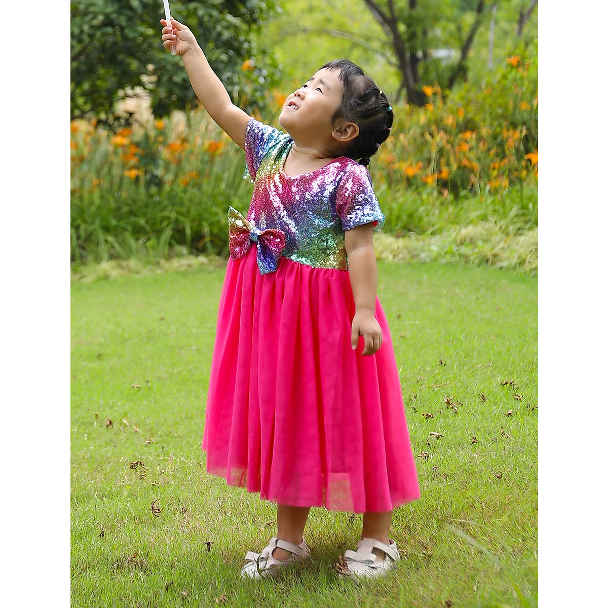 Cilucu Flower Girls Dresses Toddlers Sequin Tutu Dress for Big Girls Pegeant Party Kids Birthday Dress for Wedding Princess Dress Christmas Halloween Dress Rainbow Hot Pink 7-8 Years Old