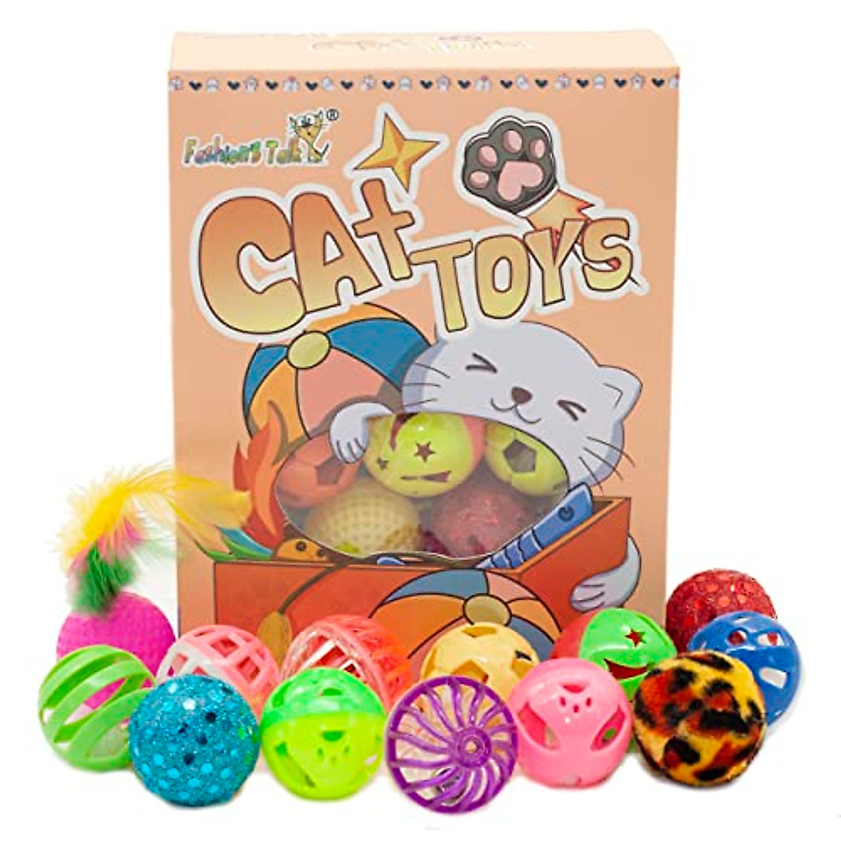 Fashion's Talk 40 Pack Plastic Ball Cat Toys Lattice Balls with Bell Jingle Bulk Kitten Toy, Gift Box Color Varies