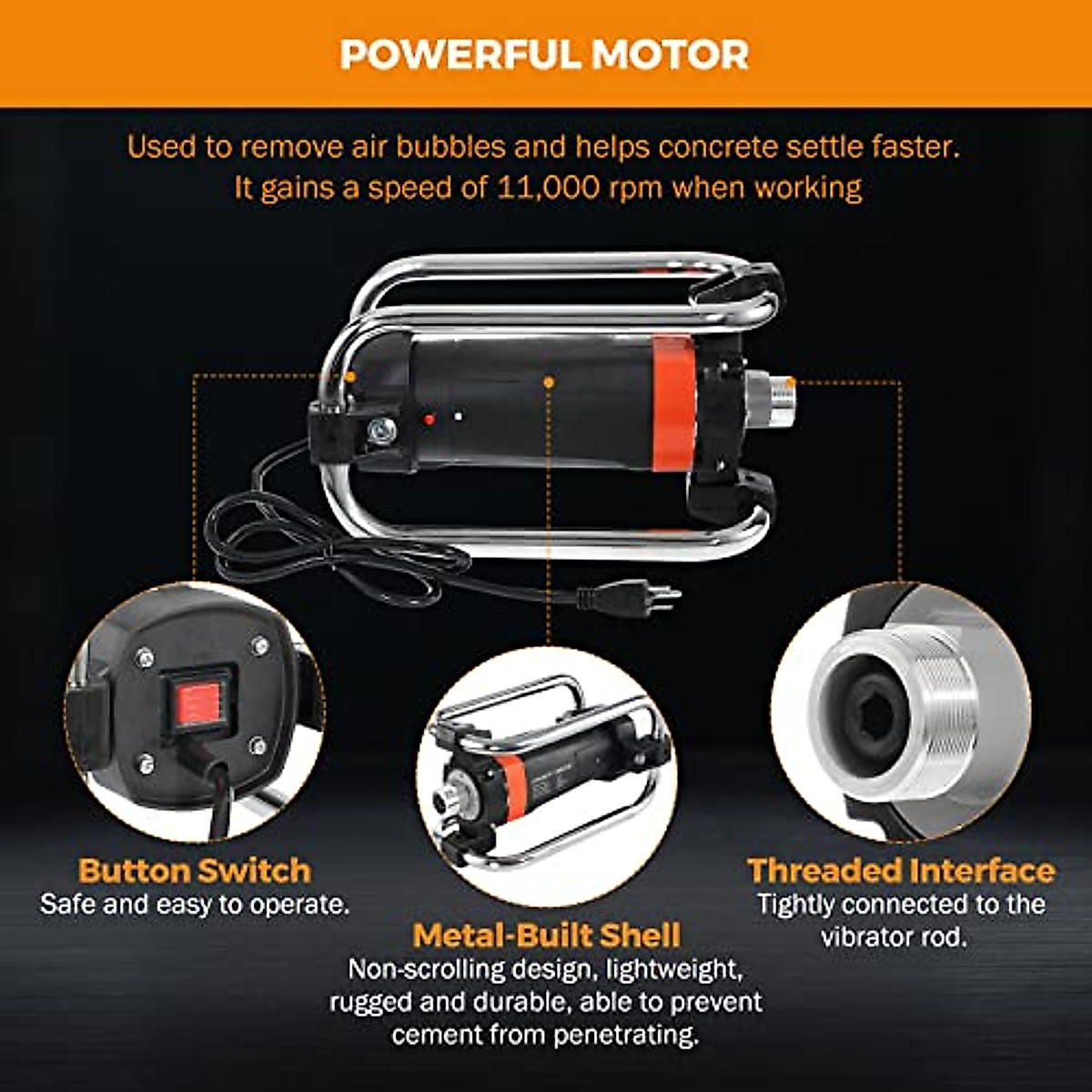 BEAMNOVA Electric Concrete Vibrator Handheld 11000 Vibration Per Minute 2HP with Shaft of 14-3/4 Feet