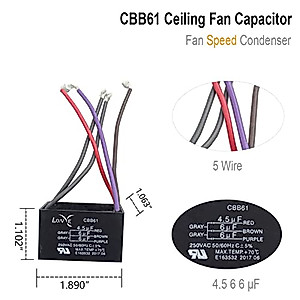 LONYE 5 Wire Ceiling Fan Capacitor Replacement for New TECH CBB61 250VAC 50/60 Hz 4.5 + 6 + 6μF