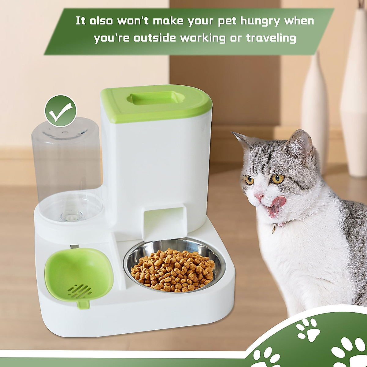 MUYG Automatic Cat Food and Water Dispenser Set 2 in 1,All-in-One Gravity Pet Feeder with Stainless Steel Cat Food Bowl Travel Auto Supply Feeder and Water Dispenser for Small Medium Cats Dogs (Green)