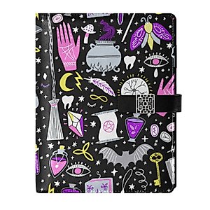 Magic Witch Halloween Skull A5 Refillable Notebooks Journals, 6-Ring Binder Hard Cover Journal PU Leather Notebook Diary with Pockets & Pen Holder Loop