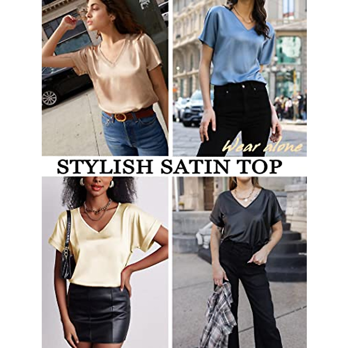 Ekouaer Silk Pajamas Set for Women Satin Short Sleeve Sleepwear V Neck Sleep Set 2 Piece Pj Set Light Blue Large