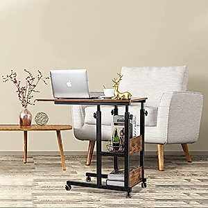 Hadulcet C Shaped Side Table Adjustable, Height Adjustable C Table with Wheels and Storage Shelves for Couch Bed Recliner Rustic Brown