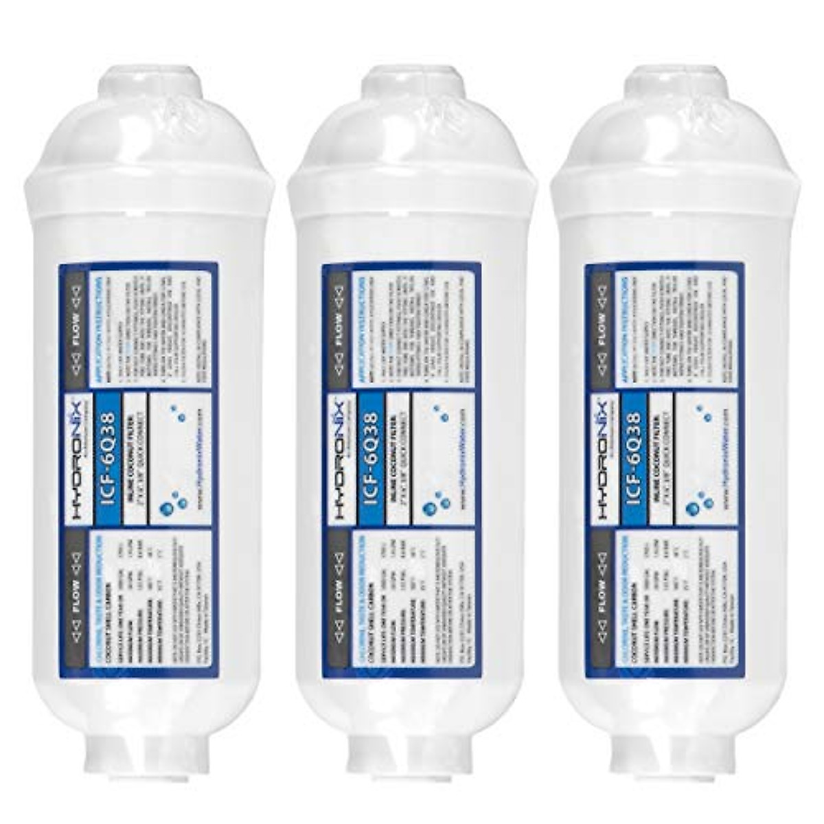 Hydronix HX-ICF-6Q38/3 Inline Post Reverse Osmosis, Fridge & Ice Coconut Gac Water Filter 2 x 6, 1000 Gal, 3/8 inch Qc - 3 Pack, White
