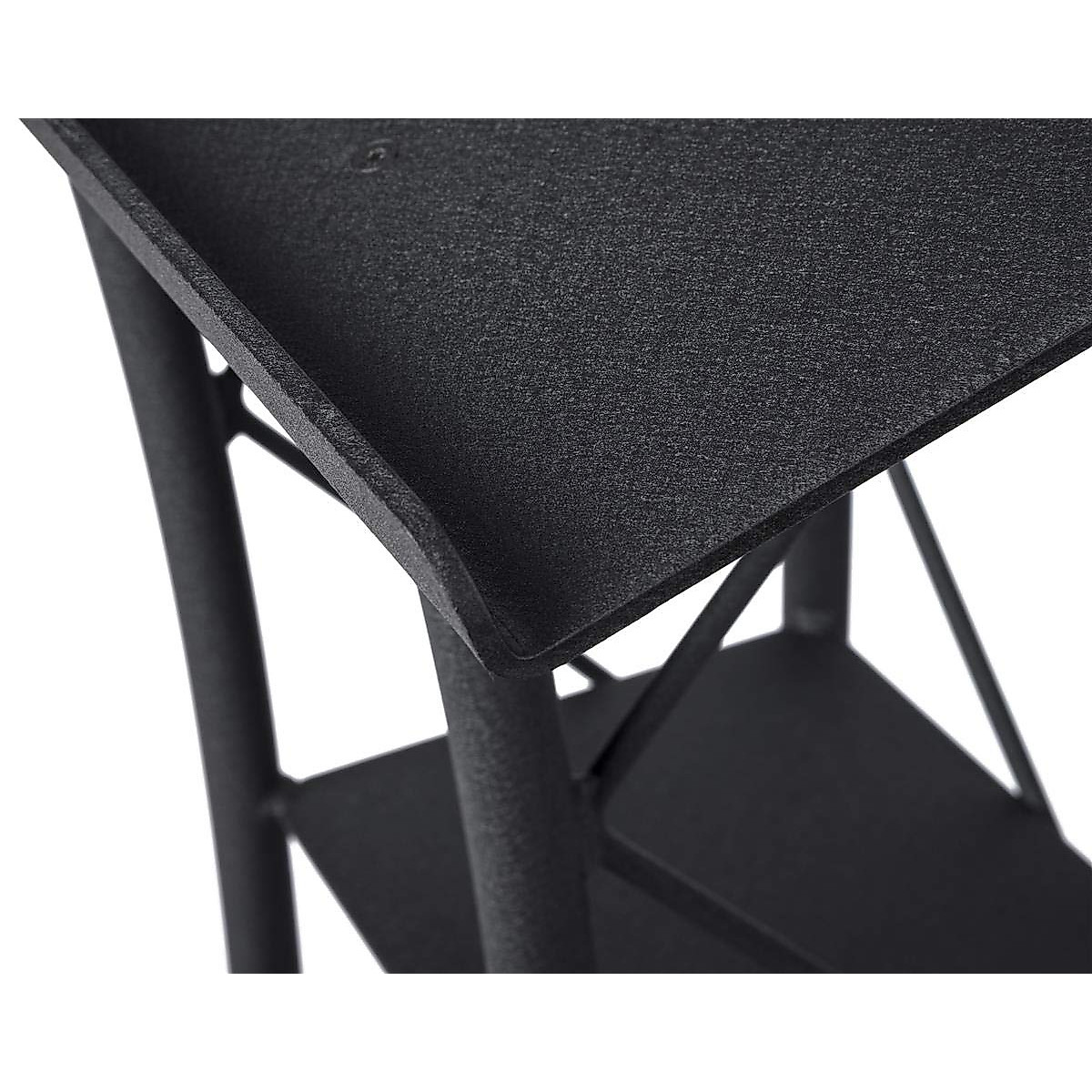 Displays2go Black Aluminum and Steel Truss Lectern with Curved Design and Built-in Shelf, 47-Inch Tall, Textured Finish (LCTTACBK)