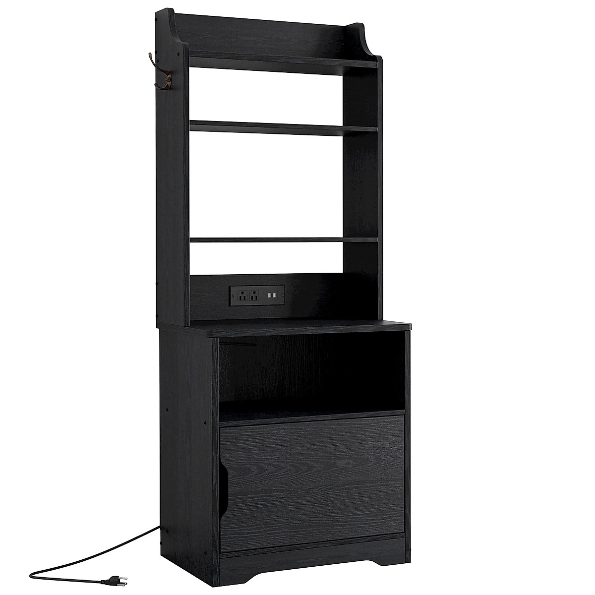 LIKIMIO Nightstand, 55" Tall End Side Table with Charging Station and Storage Cabinet, Small Bookshelf, for Living Room Office Bedroom, Vintage Black