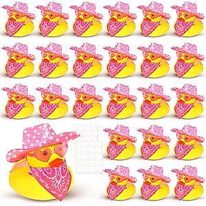 Jexine 24 Pcs Cowboy Rubber Duck, Mini Cowboy Rubber Duck with Hat Glasses Scarf Shower Party Favor(Glitter Pattern)