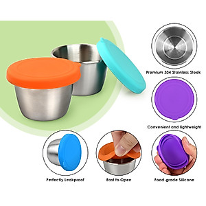 Victhur Salad Dressing Container To Go, 6 Pieces 2.4oz 304 Stainless Steel Sauce Containers with Silicone Lids for Snacks, Dipping Sauce