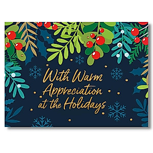 25 Employee Holiday Cards - Garland Appreciation Design with Gold Foil Embossing - 26 White Envelopes - FSC Mix