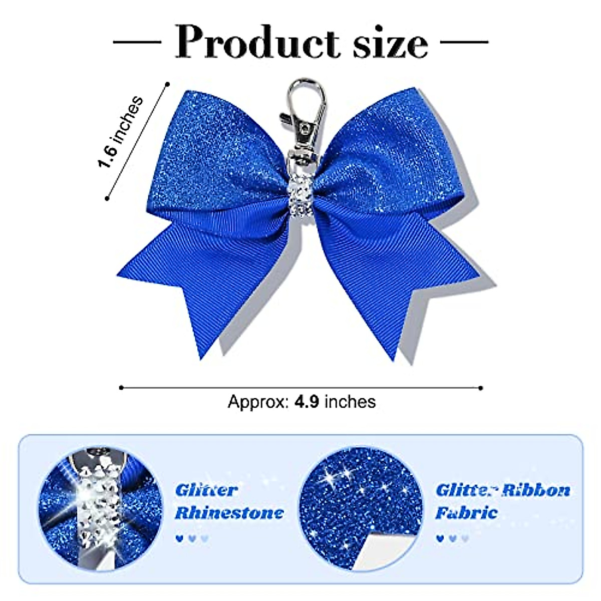 Aileam 6 PCS Cheer Bow Key Chain Glitter Blue Hair Bow with Rhinestones & Sequin for Girls Sports Cheerleader Accessories
