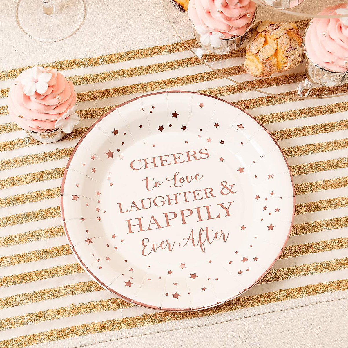 Crisky Cheers to Love Rose Gold Disposable Plates for Bridal Shower, Wedding, Engagement, Bachelorett Party Decorations, Dessert, Buffet, Cake Plates Party Supples, 50 Count, 9" Plate