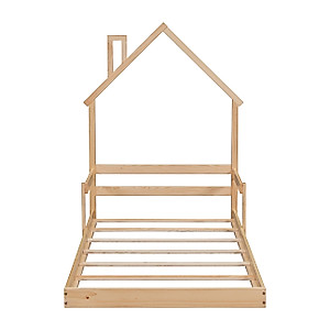 Harper & Bright Designs Twin Size Floor Bed with House-Shaped Headboard, Twin Kids Bed Frame with Solid Wood Slats,Twin Floor Bed Frame for Girls Boys,No Box Spring Needed,Natural