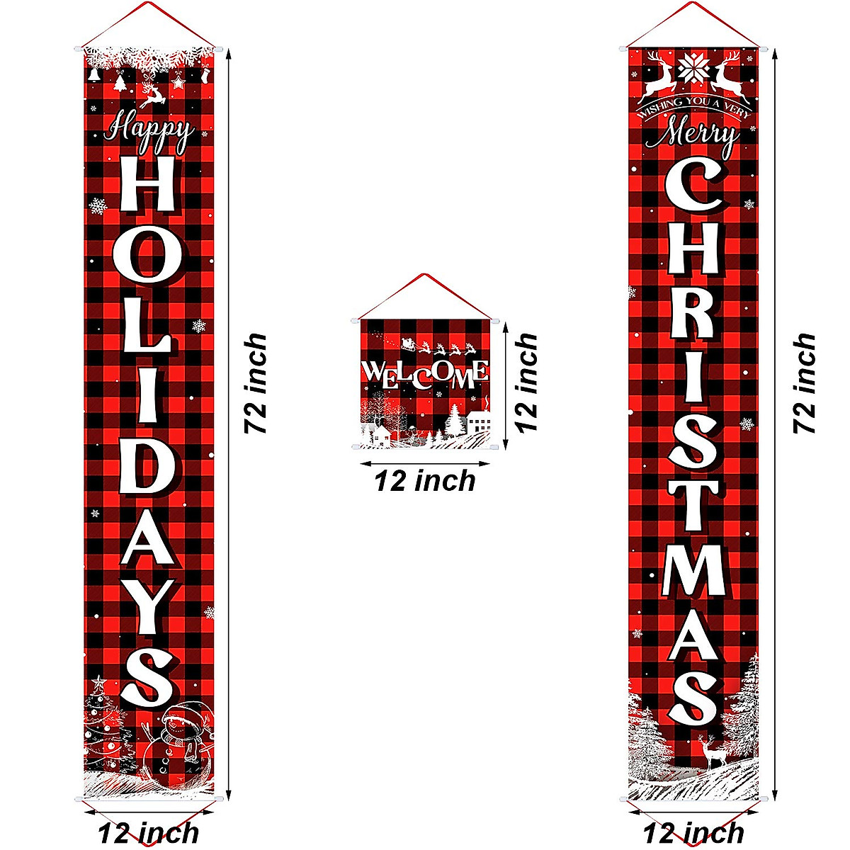 3 Pieces Christmas Plaid Porch Sign Merry Christmas Banner Happy Holidays Banner Welcome Banner Front Door Hanging Sign for Christmas Home Wall Indoor Outdoor Decoration
