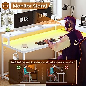 SEDETA White Computer Desk with Drawers, 55" Home Office Desk with File Drawer and Storage Shelves, L Shaped Gaming Desk with LED Lights and Monitor Shelf