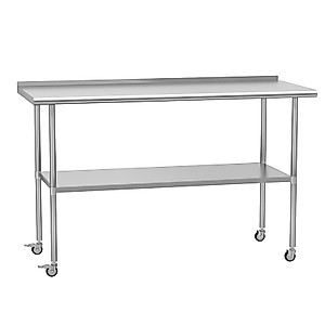 HOCCOT Stainless Steel Prep & Work Table with Adjustable Shelf, with Backsplash and Wheels, Kitchen Island, Commercial Workstations, Utility Table in Kitchen Garage Laundry Room Outdoor BBQ, 24" X 60"