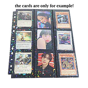 30PCS Holographic Trading Card Sleeve Pages Gemstone Foil Card Sleeves TCG&Photo 9 Pockets Fit 3 Ring Binder Pages (Side Loading Black Pages)